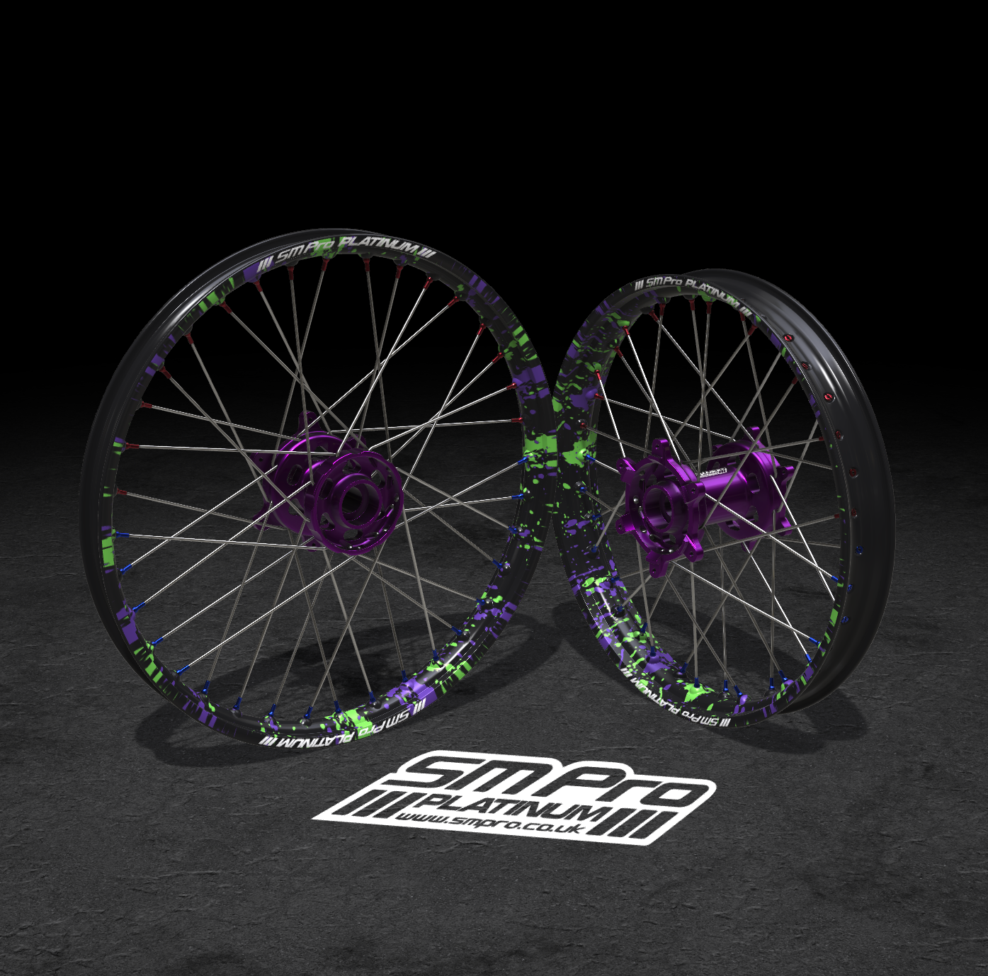 SM PRO ULTRA BEE WHEEL SET 21/18" SPLATTERKOTE GREEN/PURPLE COMBO – Go ...